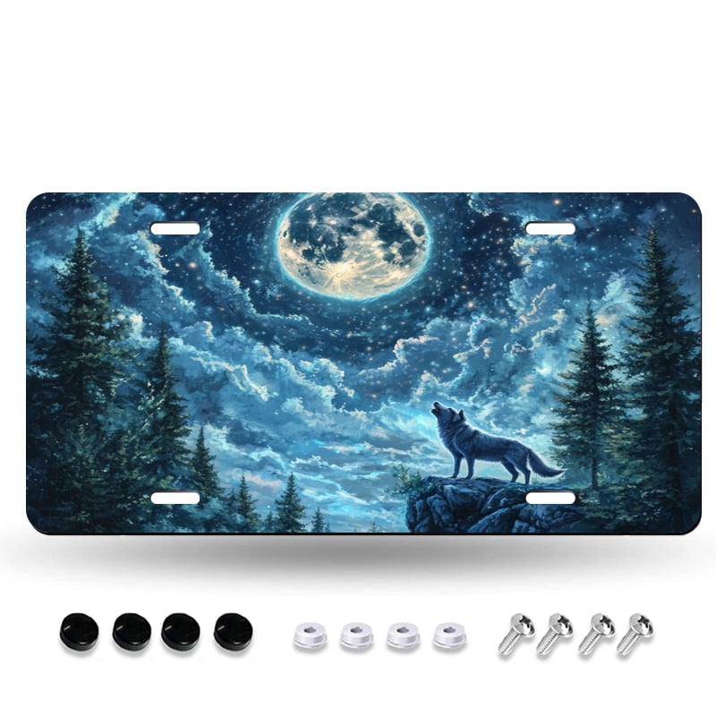 Novelty Decorative License Plate – Wolf Howling at the Full Moon in a ...