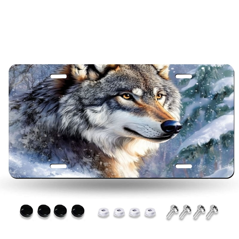 Novelty Decorative License Plate – Wolf in a Snowy Forest in an Oil ...