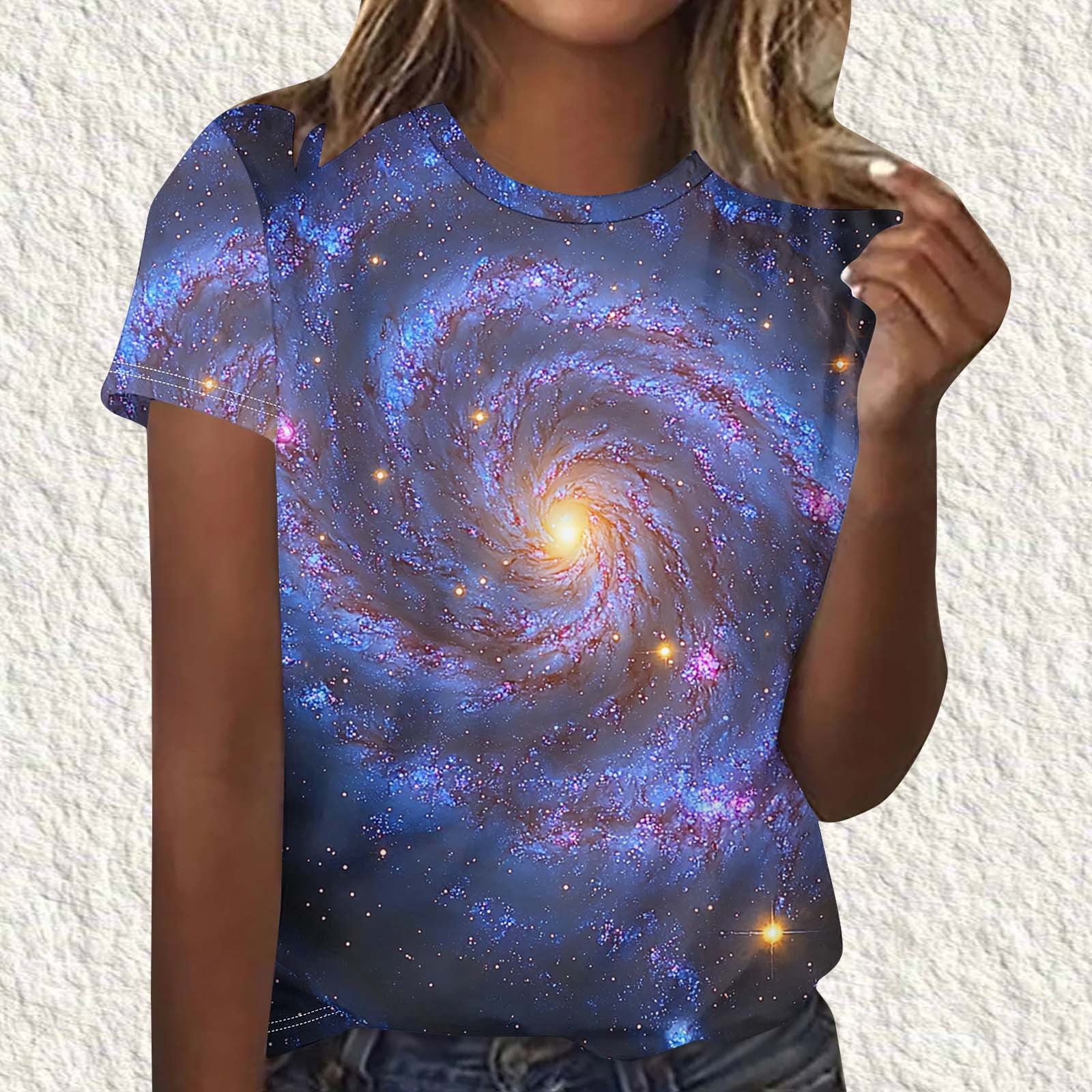 Novelty Galaxy Graphic T-Shirt for Women Casual Short Sleeve Crewneck ...