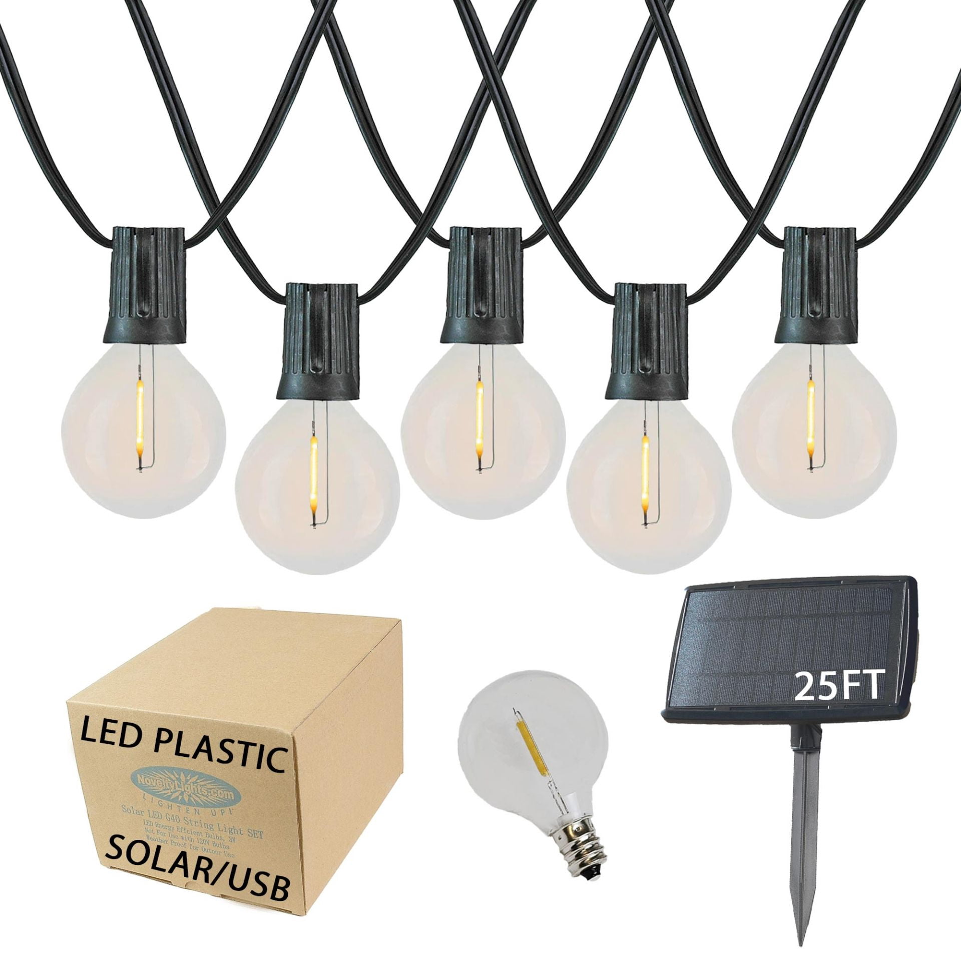 Novelty Lights 25 Feet Solar Warm White LED G40 Globe Plastic ...