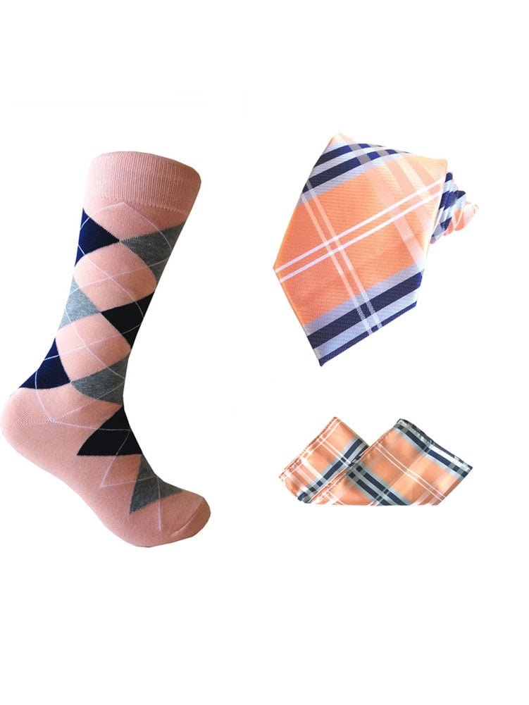 Novelty Men's Argyle Socks with Necktie and Pocket Square In Peach with ...