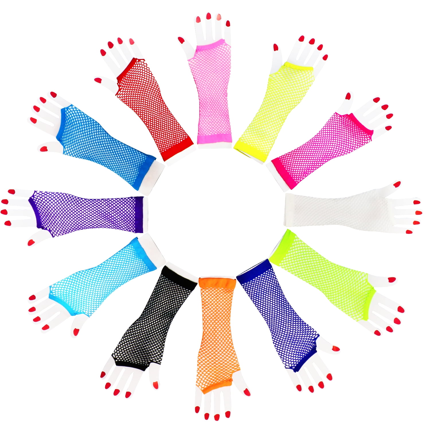 Novelty Place 12 Pairs Fingerless Fishnet Gloves - Assorted Neon Colors ...