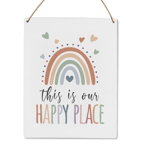 Novelty This is Our Happy Place Wood Hanging Sign, Boho Rainbow Wall ...