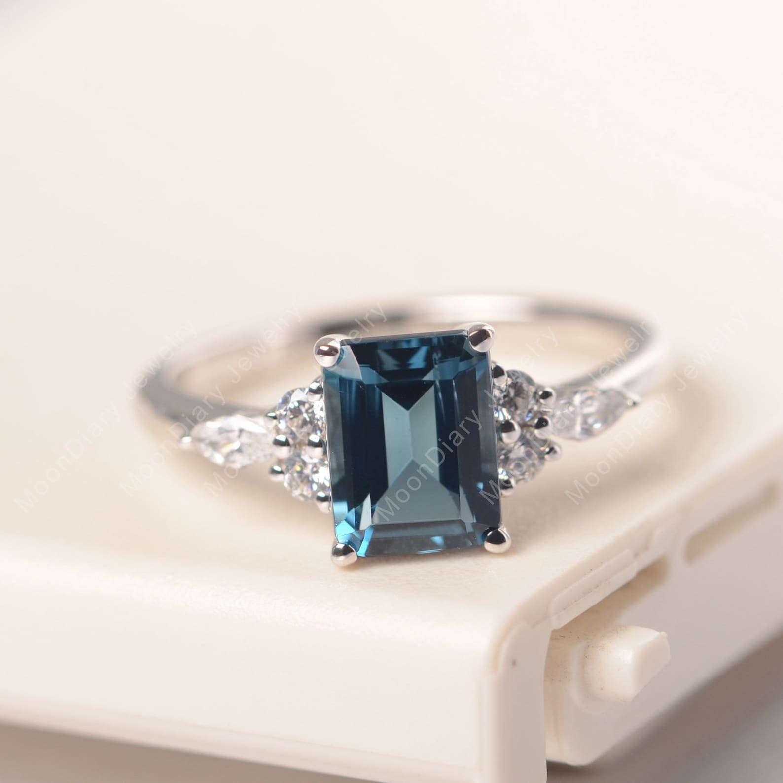 November birthstone London blue topaz ring 14k white gold emerald cut ...