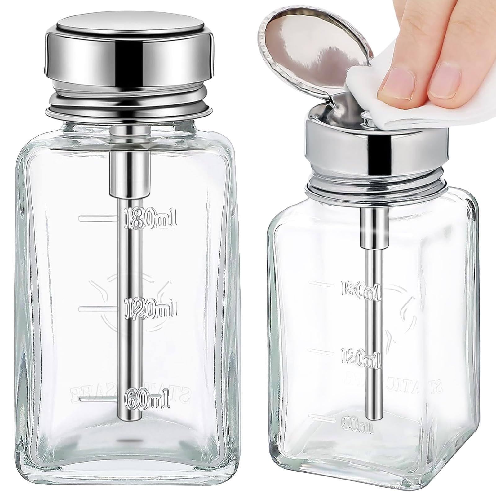 Noverlife 2PCS 6Oz / 180ml Clear Pump Dispenser Bottle, Glass Push Down Liquid Dispensers, Nail ...