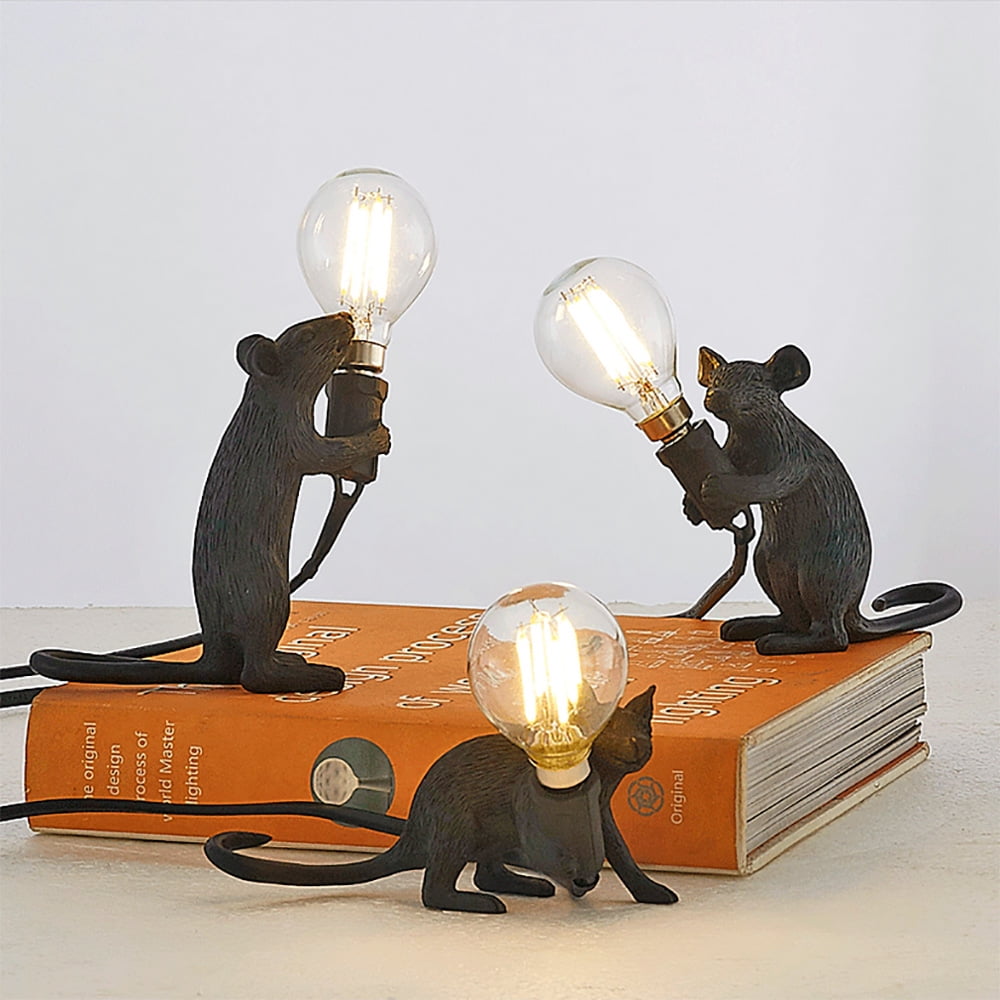 Novetly Retro Little Mouse Table Lamp, Black Resin Cute Animal LED ...