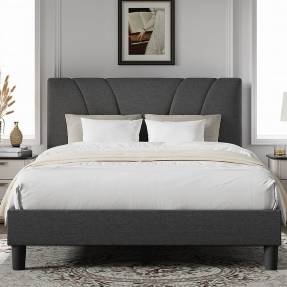 King Size Upholstered Platform Bed with Adjustable Headboard, Linen ...