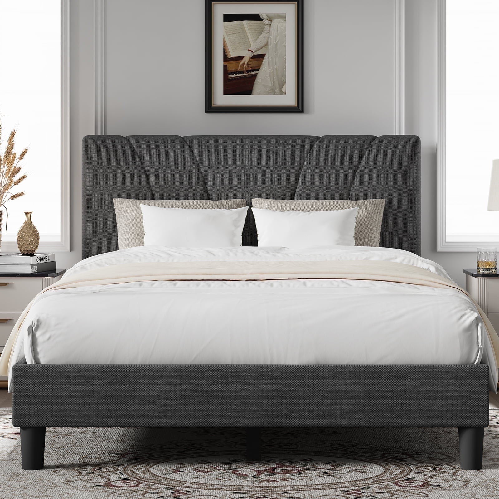 Novilla King Bed Frame and Headboard, Linen Upholstered King Size Bed ...