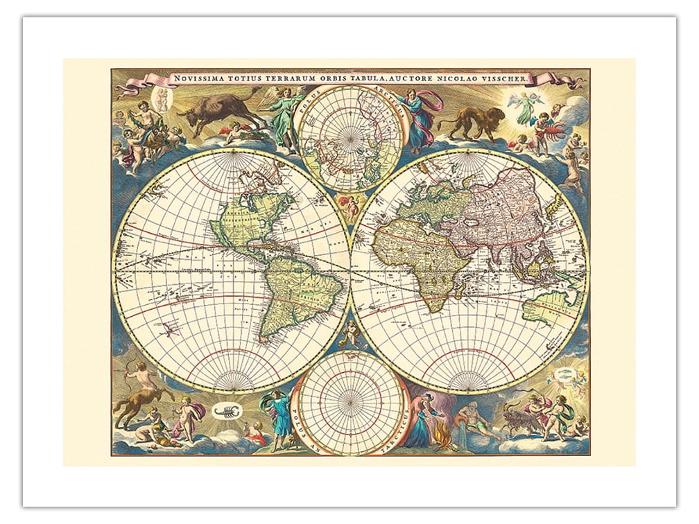 Novissima Totius Terrarum Orbis Tabula - Double Hemisphere - Vintage Colored Cartographic Map by ...