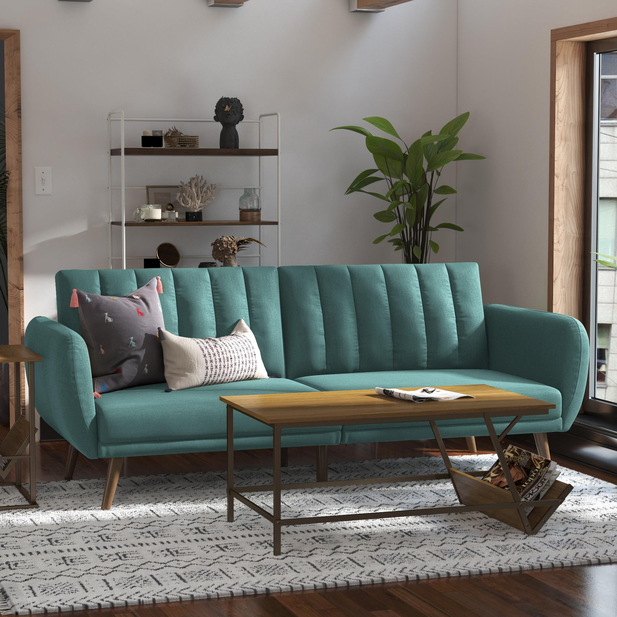 Novogratz Brittany Futon, Light Teal Linen Sofa Bed, Tufted Back, Small ...