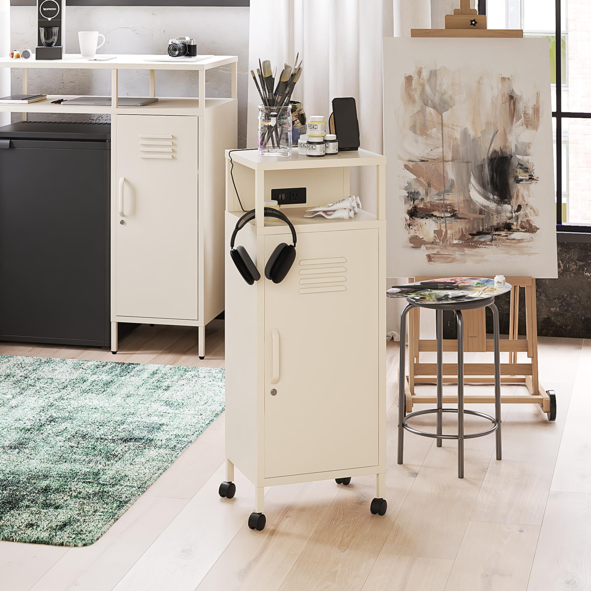 Novogratz Cache Metal Locker-Style Mobile Storage Cart, Parchment ...