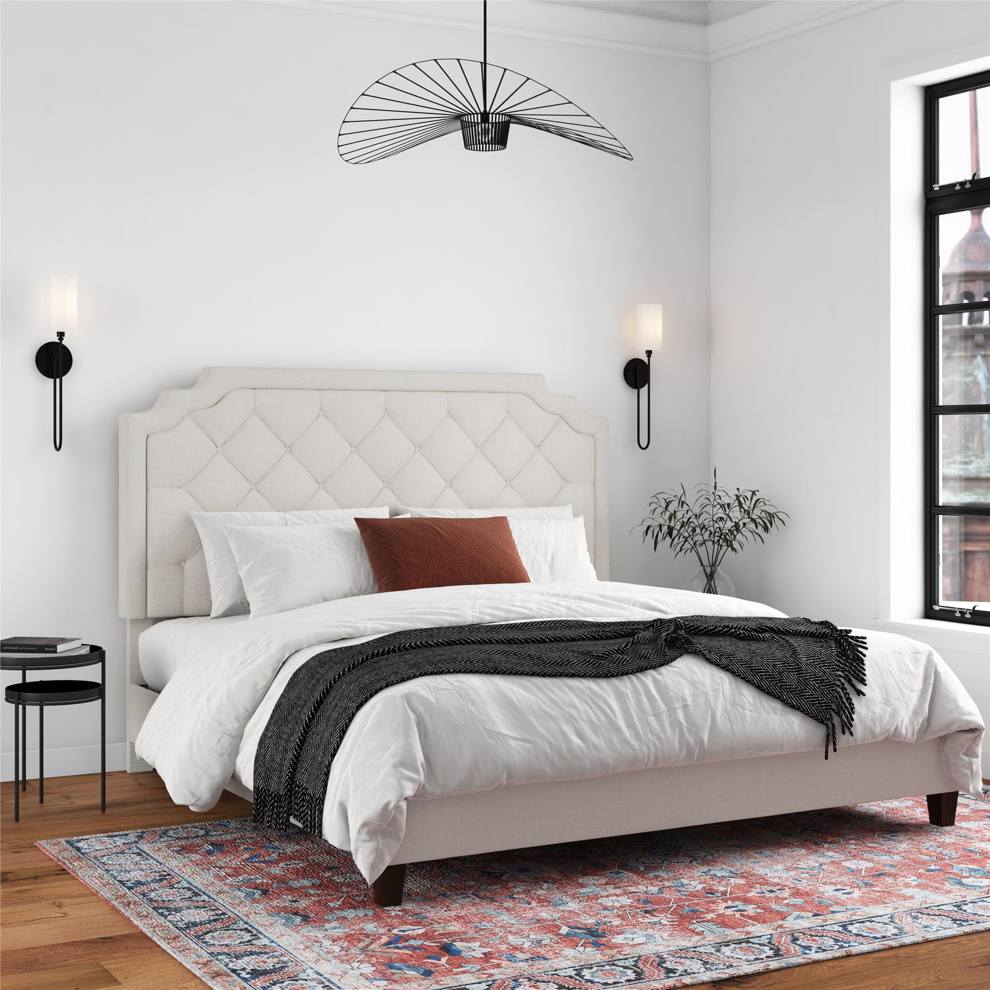 Novogratz Eloise Upholstered Platform Bed Frame with Tall 56" Button ...