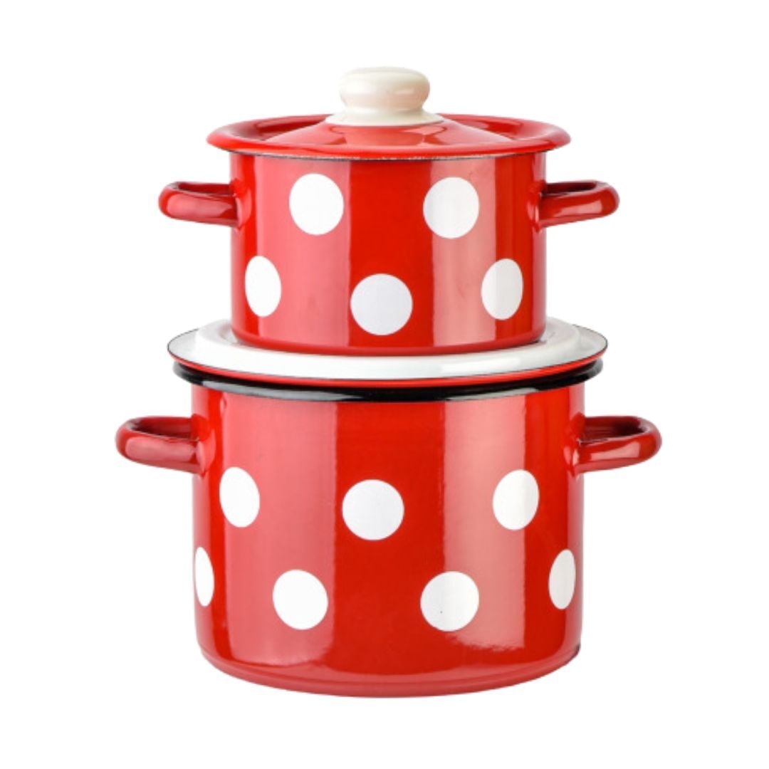 Novomoskovsjka Posuda Red White Polka Dot Cylindrical Enamel Pot with ...
