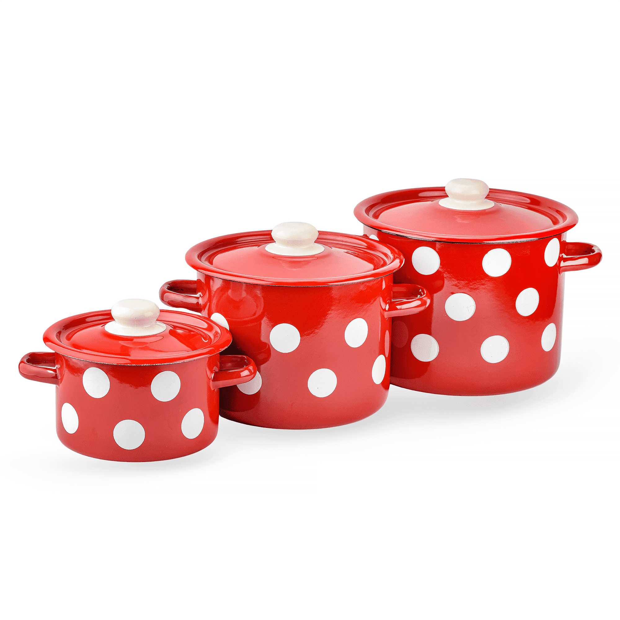 Novomoskovsjka Posuda Red White Polka Dot Cylindrical Enamel Pot with Lid Set of 3 pcs 2.1Qt/4 ...