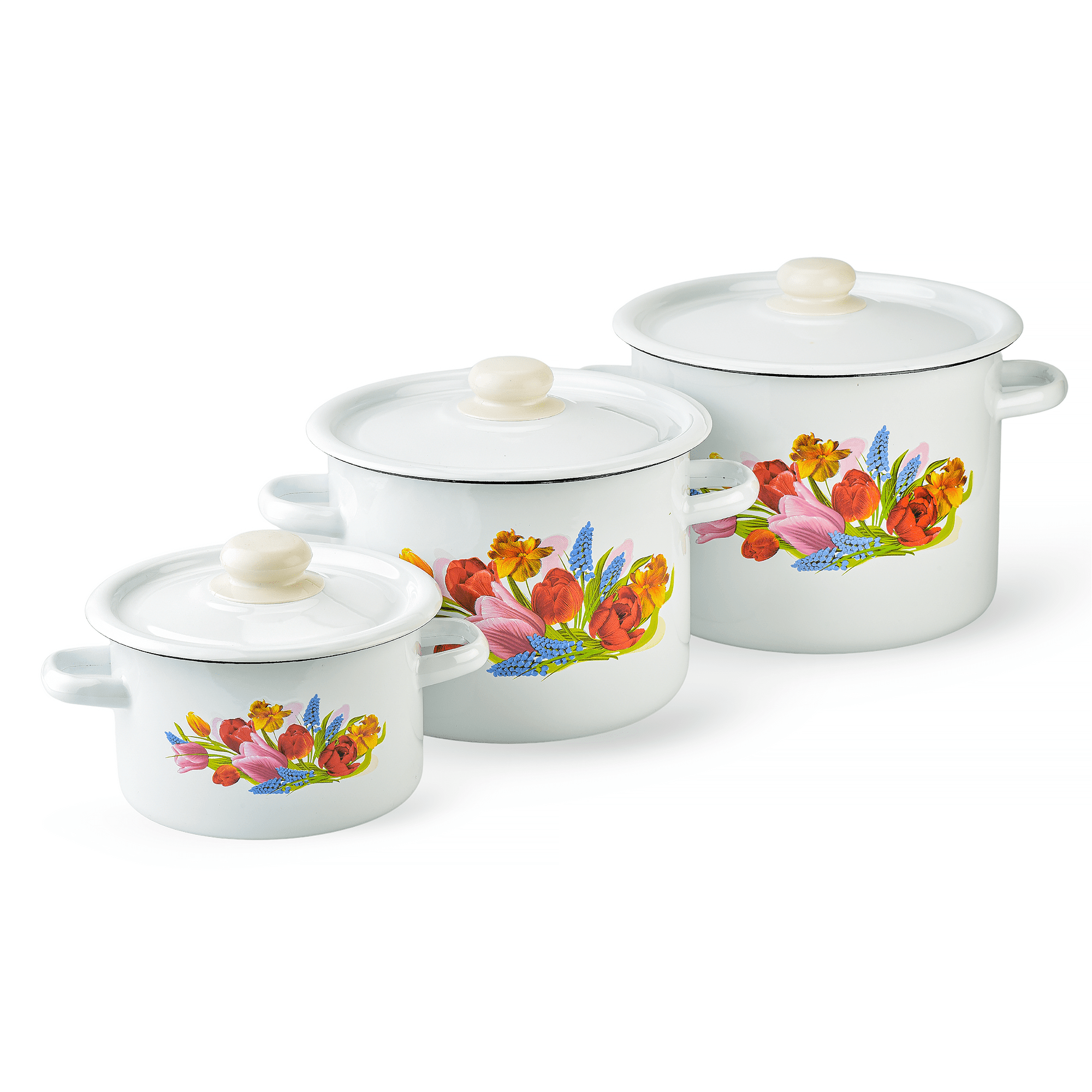 Novomoskovsjka Posuda Spring Bouquet Cylindrical Enamel Pot with Lid Set of 3 pcs 2.1Qt/4.8Qt/5 ...