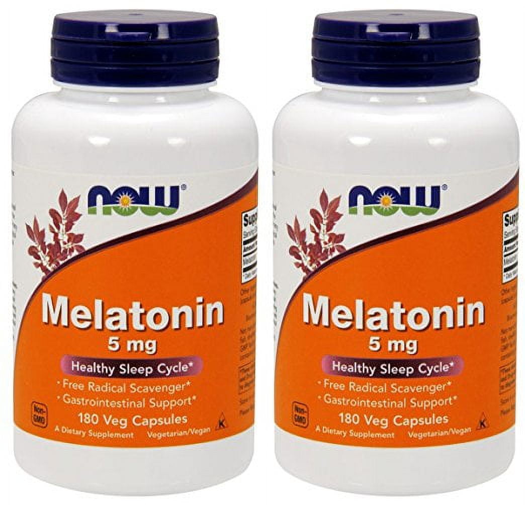 NOW Melatonin 5 mg, 180 Vcaps Pack of 2, Supports Sleep Cycles and ...