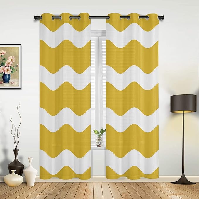 Now Simple Curtains For Living Room/Bedroom, Yellow And White Waves 3D ...