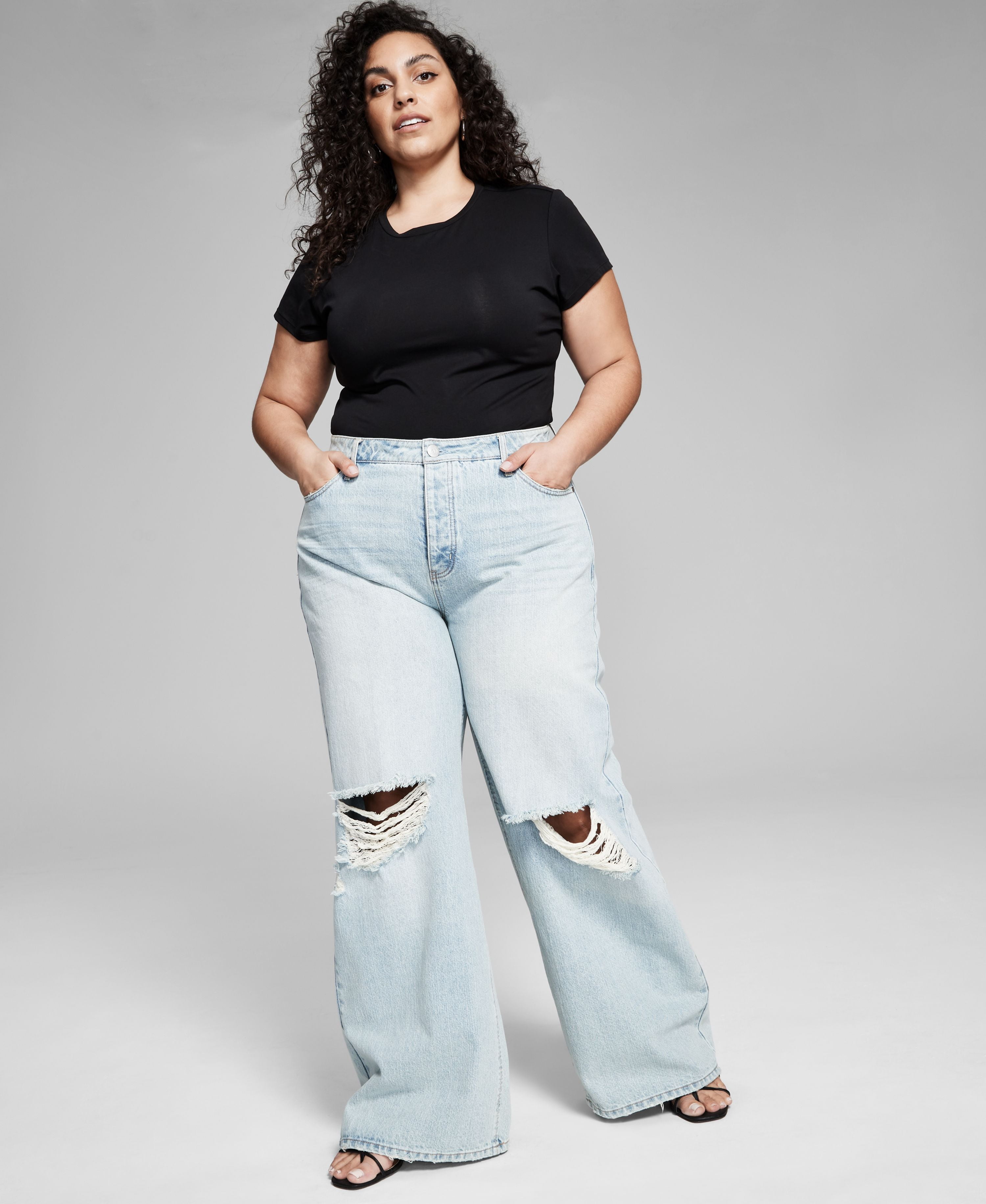 Now This Trendy Plus Size Cotton Ripped Wide Leg Jeans Carson Wash 20W - Walmart.com