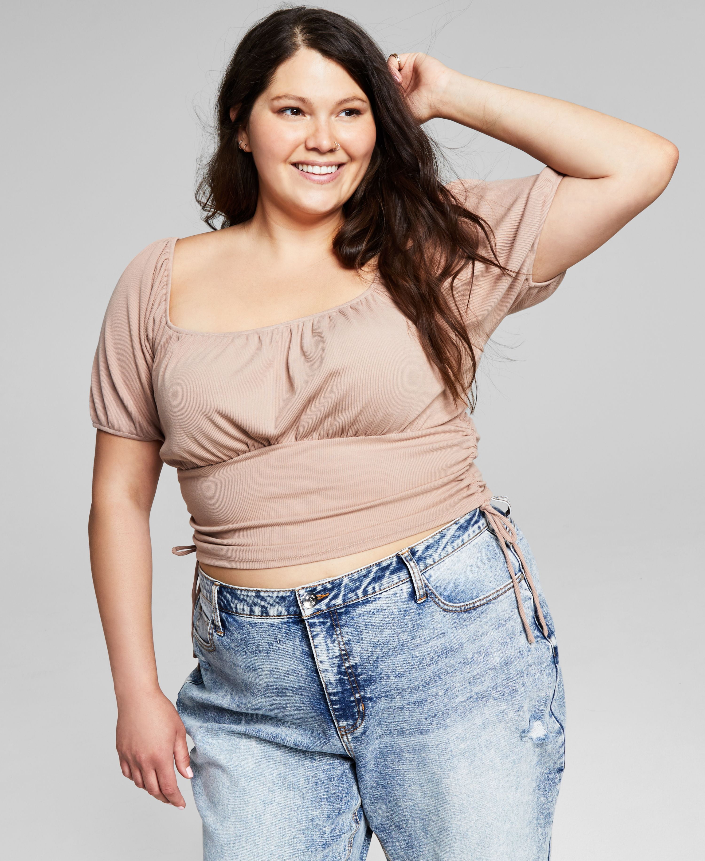 Now This Trendy Plus Size Puff Sleeve Ruched Top Almond 4X - Walmart.com