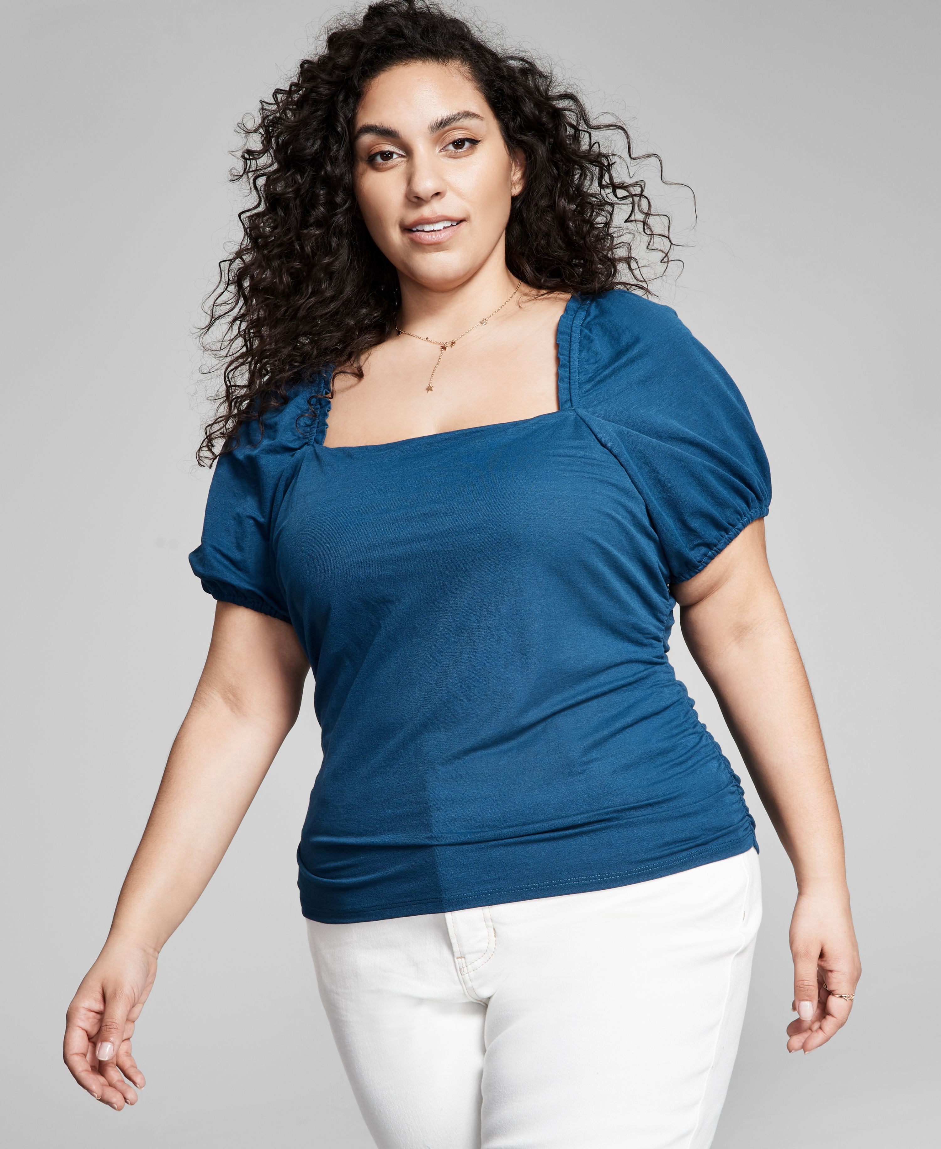 Now This Trendy Plus Size Puff Sleeve Top Navy 3X - Walmart.com