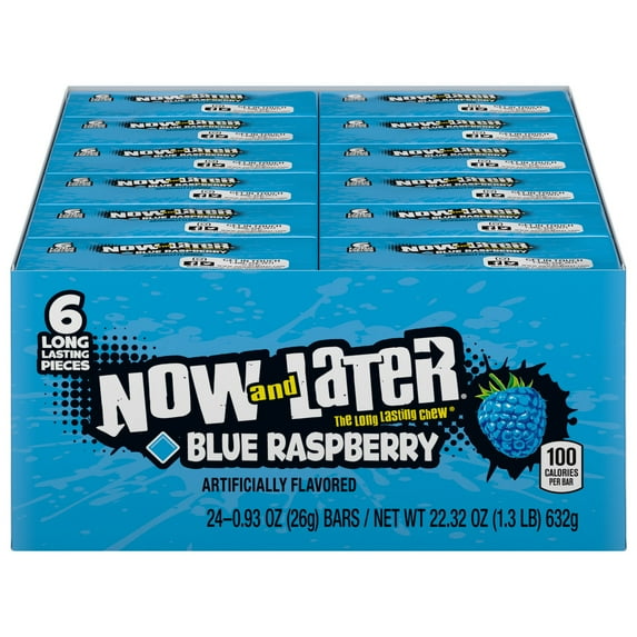 Now and Later Blue Raspberry Long Lasting Chewy Candy, 0.93 oz Bars, 24 ...