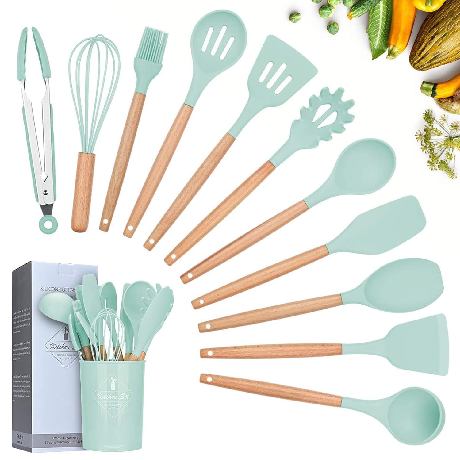 NowExp12 Pcs Silicone Kitchen Utensil Set with Wooden Handles NonStick ...