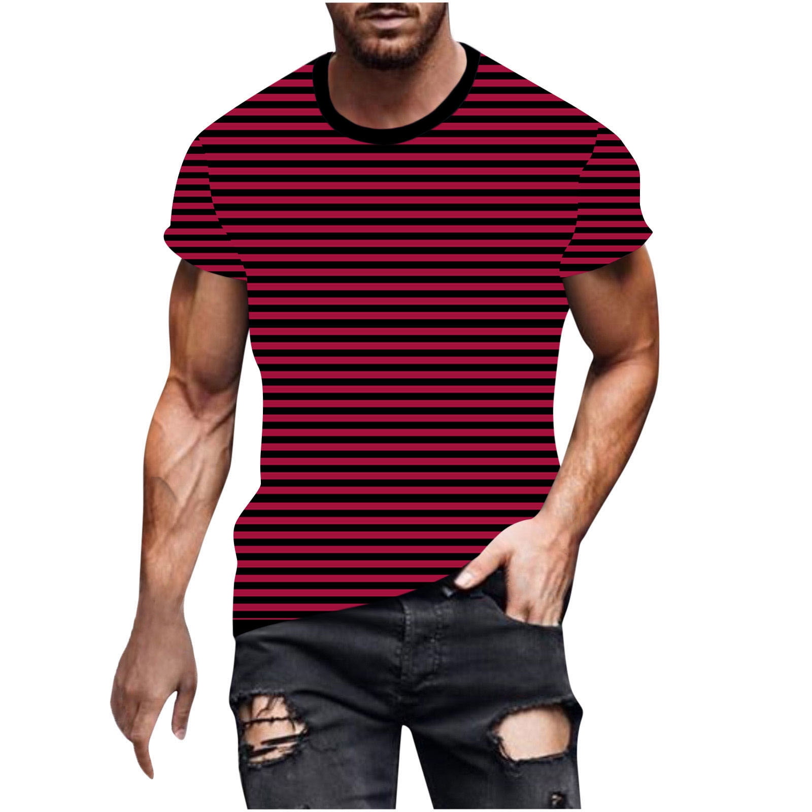 NoxwB Men's Striped Short Sleeve T-Shirt Casual Cotton Crewneck Top ...