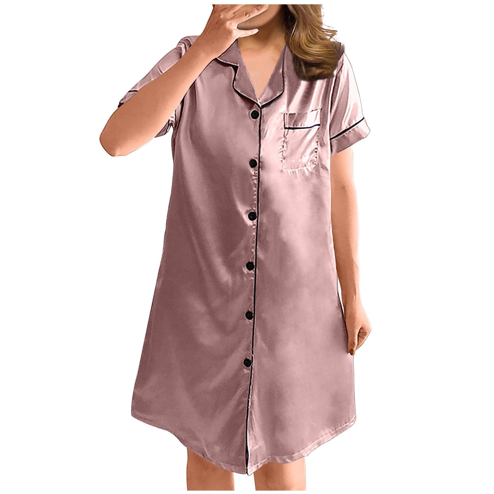 Npasoilc Nightshirts For Women Button Down Sleepshirt Silk Short Sleeve ...