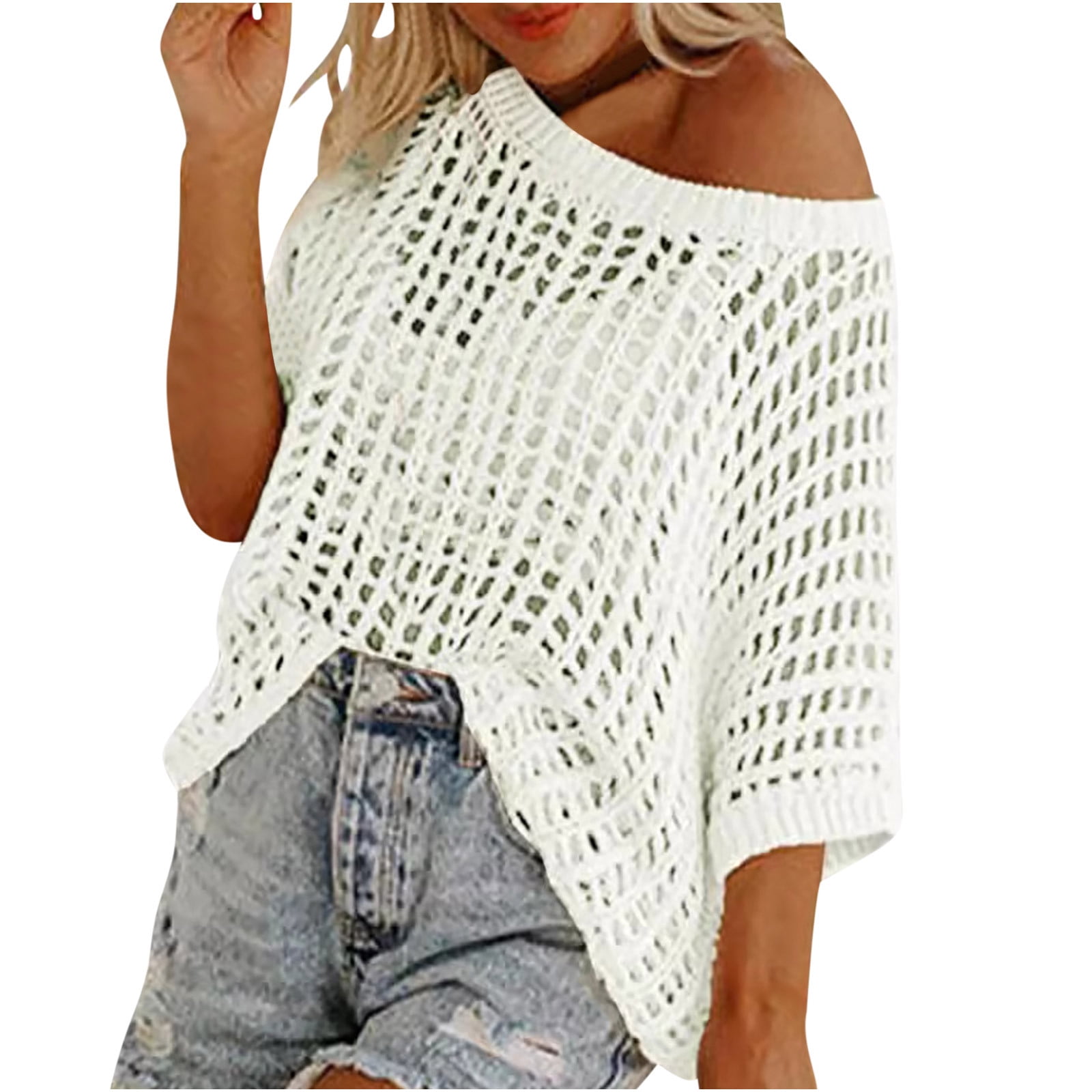 Npasoilc Off Shoulder Sweaters For Women Casual Round Neck Short Sleeve ...