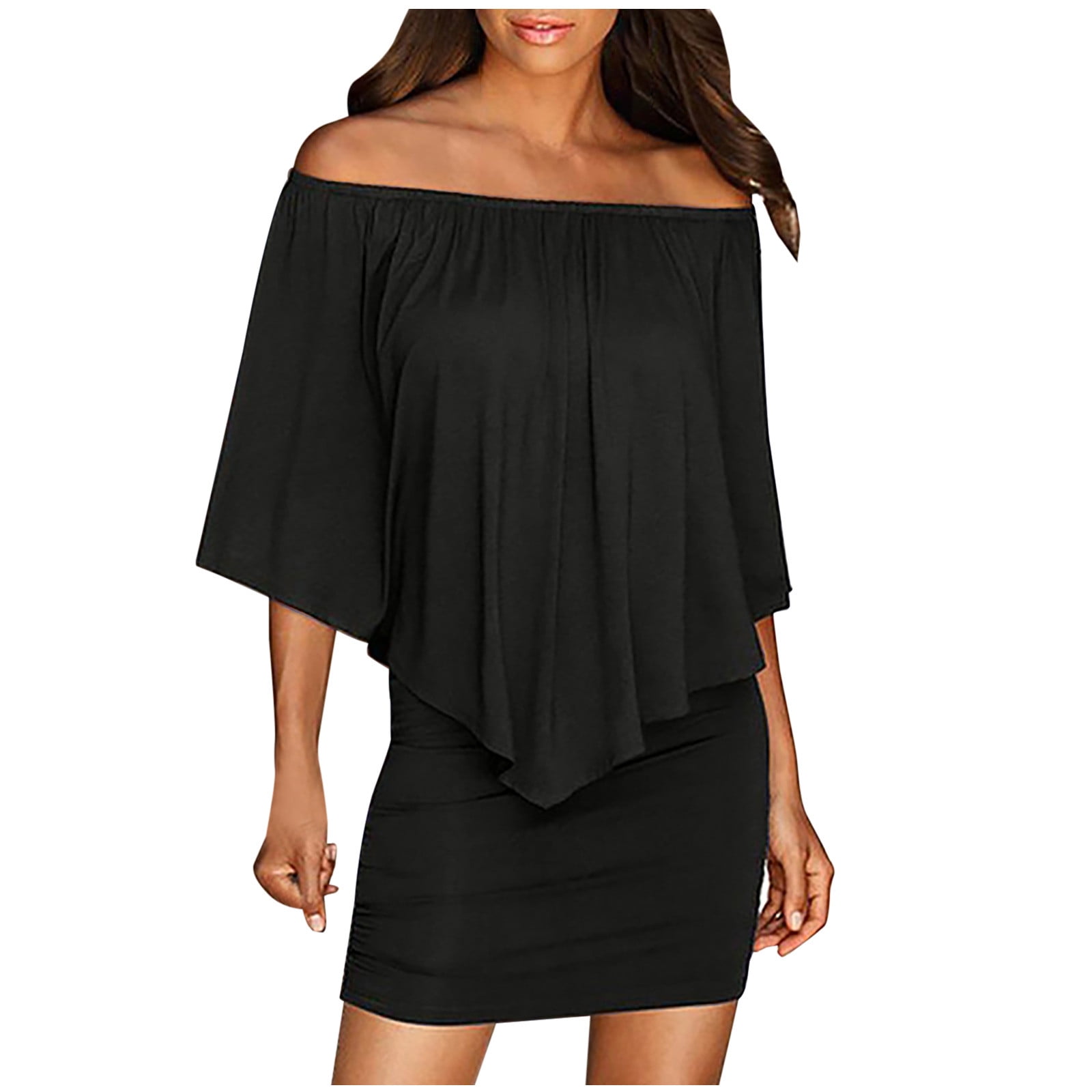 Npasoilc Off The Shoulder Mini Dresses For Women Ruffles Night Bodycon ...