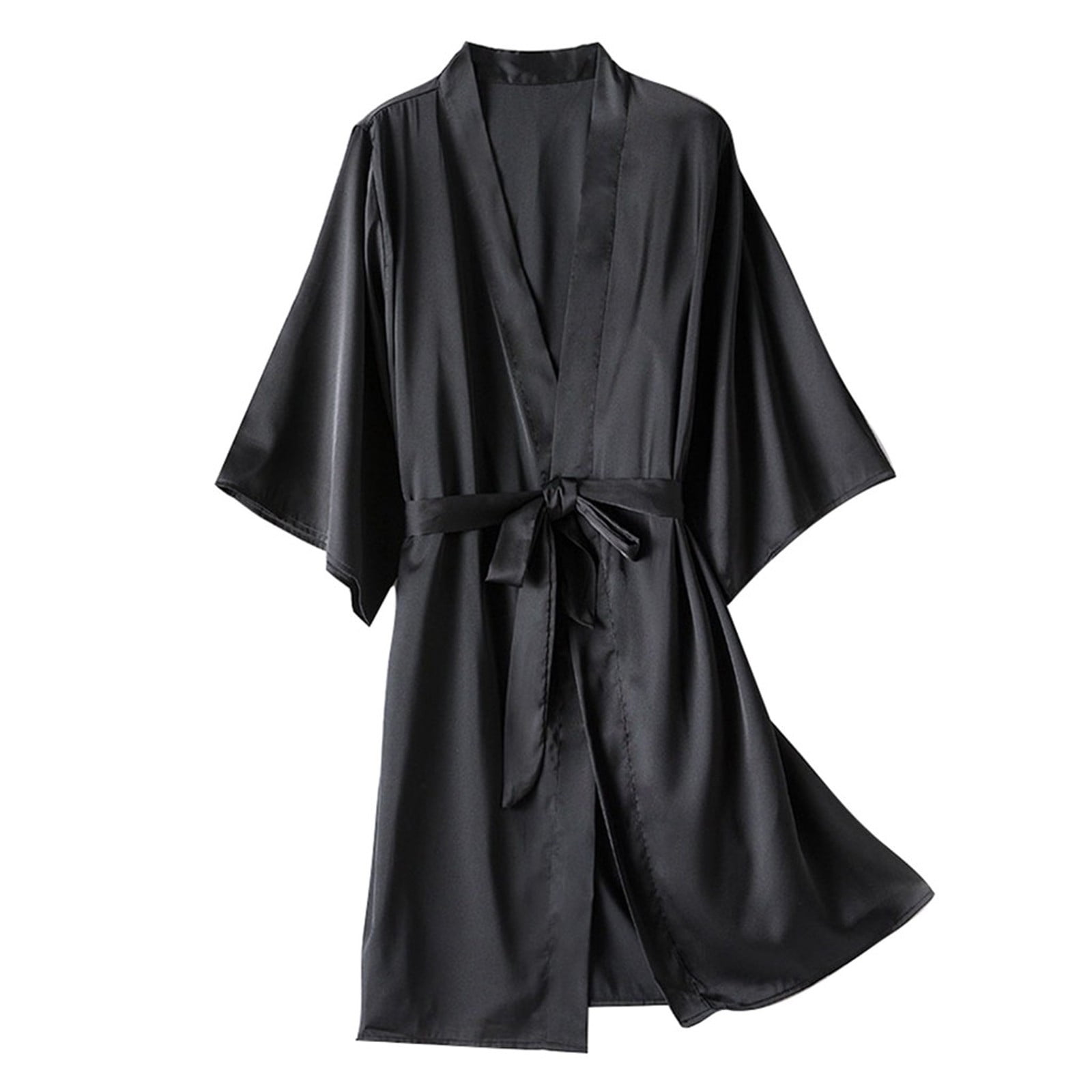 Npasoilc Satin Robes for Women 3/4 Sleeve Waist Bandage Lace-Up Short ...