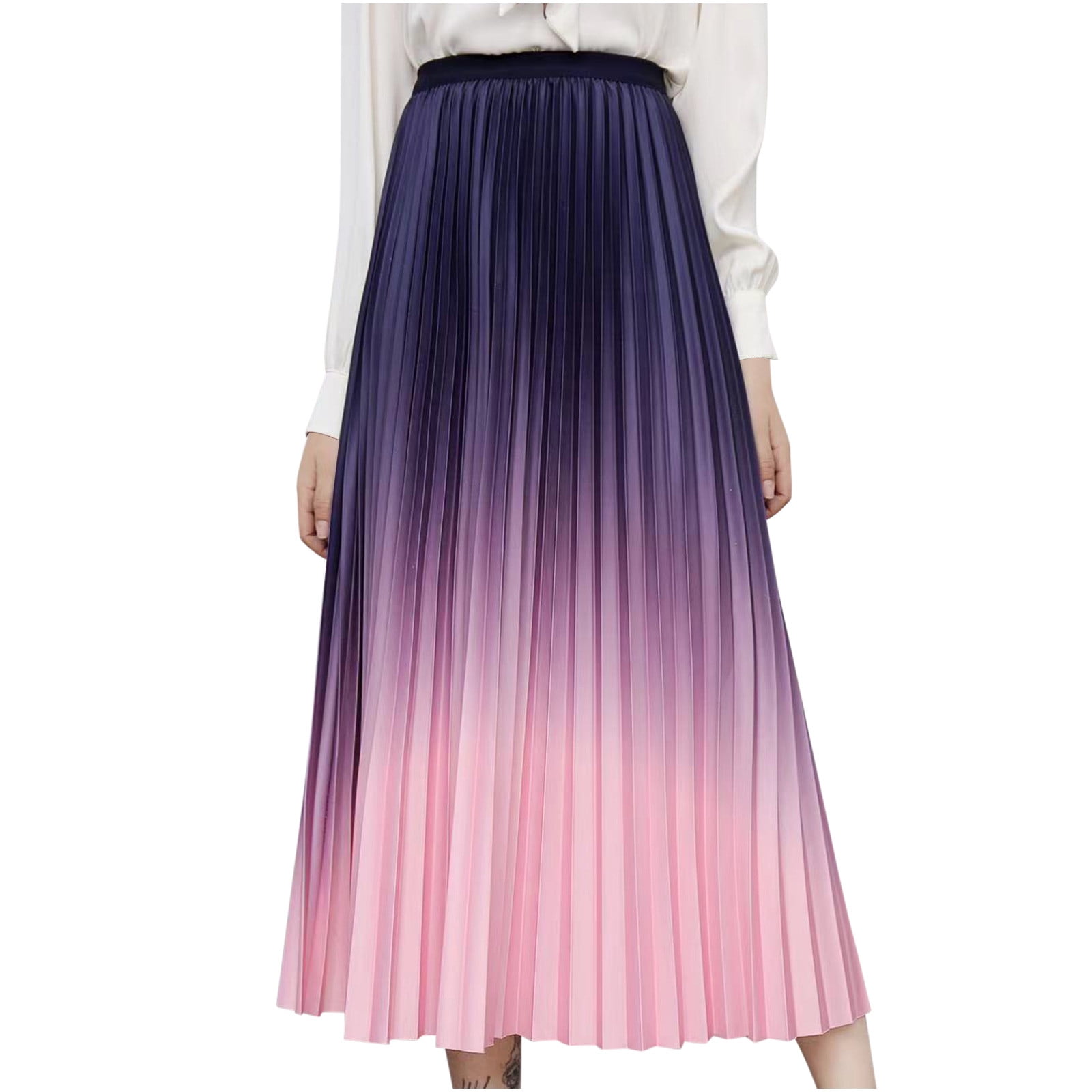 Npasoilc Skirts For Women Casual Gradient Pleated Elastic Waist A Line ...
