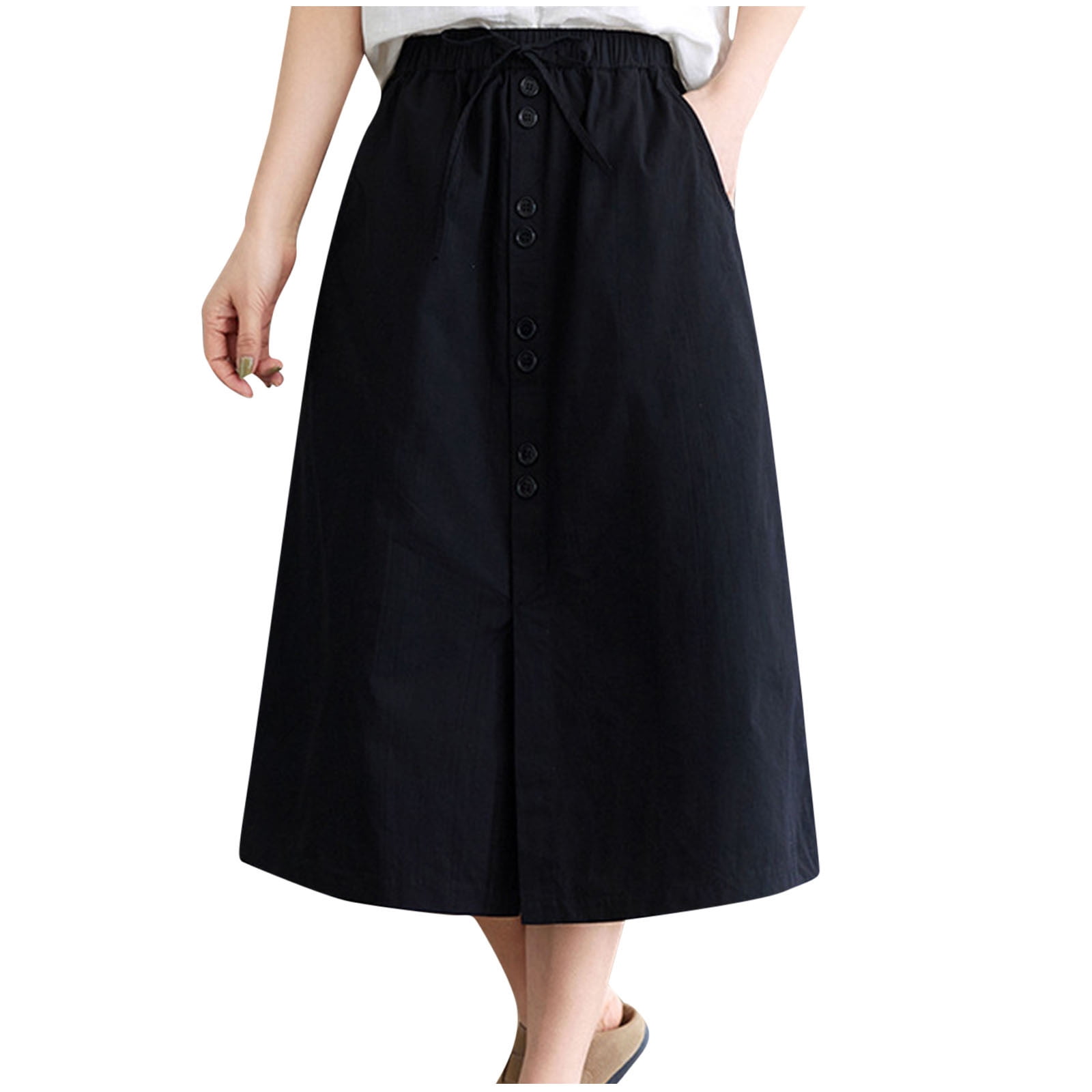 Npasoilc Skirts for Women Vintage Cotton Drawstring Elastic High Waist ...