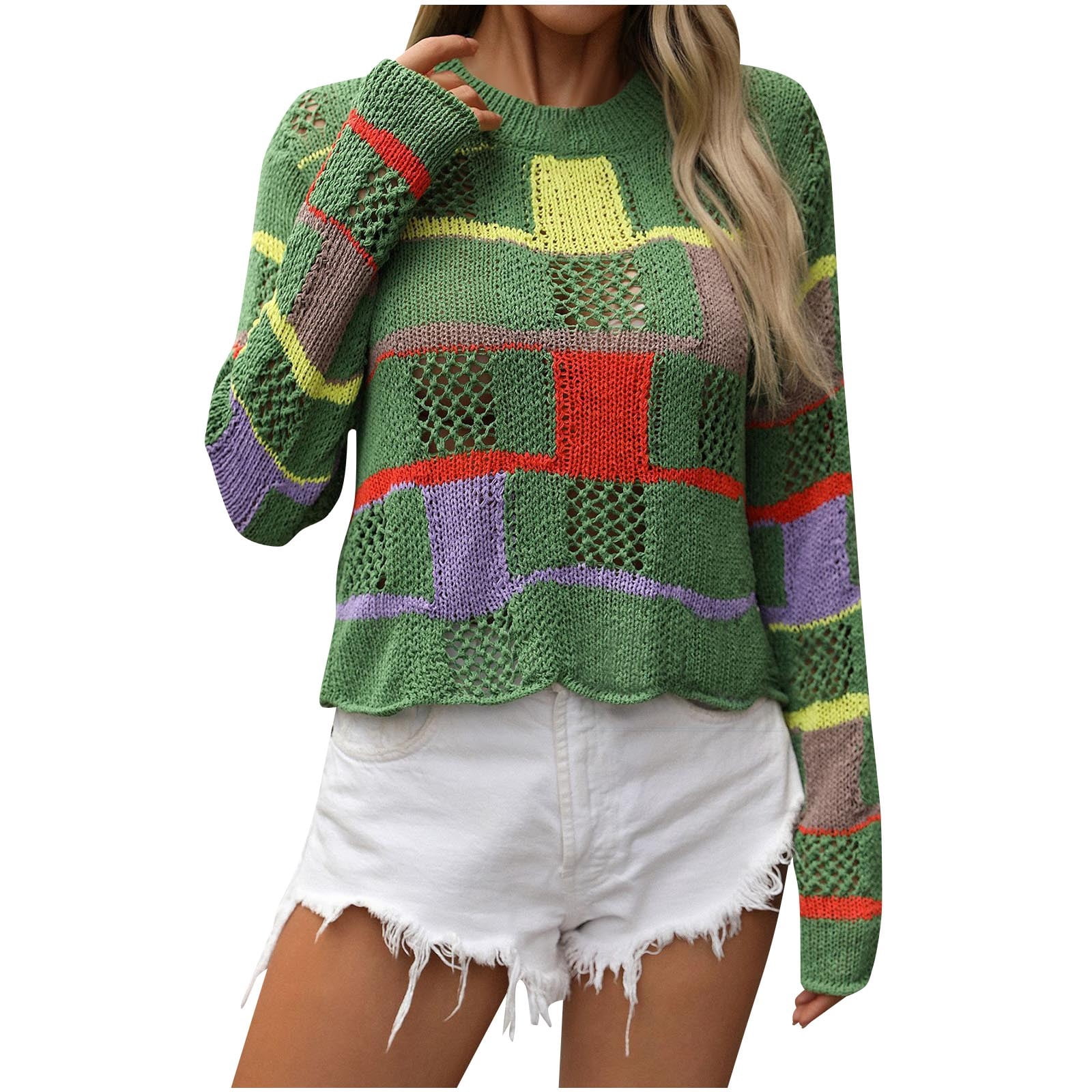 Npasoilc Sweater For Women Casual Colour Blocking Long Sleeve Round ...