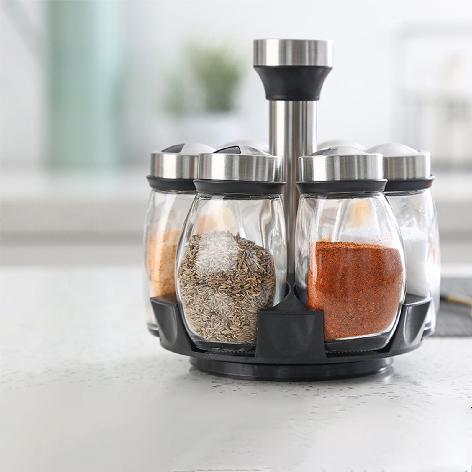 Nrmrqz 6-Piece Glass Spice Jar Set with Rotating Base | Black Seasoning ...
