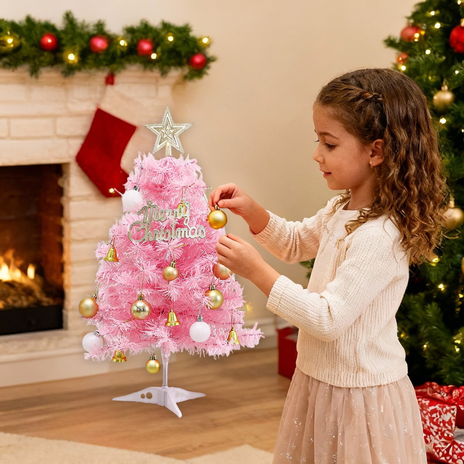 Nrmrqz Pink Tabletop Christmas Tree with Lights & Ornaments | 17-Inch ...
