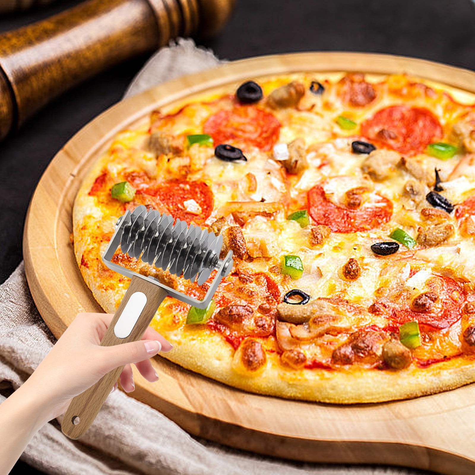 Nrmrqz Stainless Steel Pizza Tool Set with Wooden Rolling Pin ...