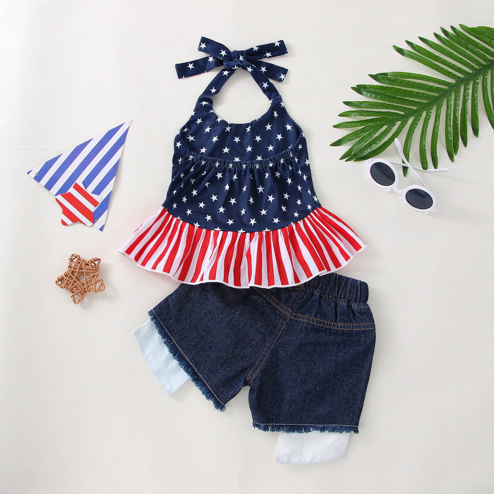 Nrmvnmi 4th of July Toddler Girl Outfit American Flag Halter Top Girls Ripped Jeans Denim Shorts ...
