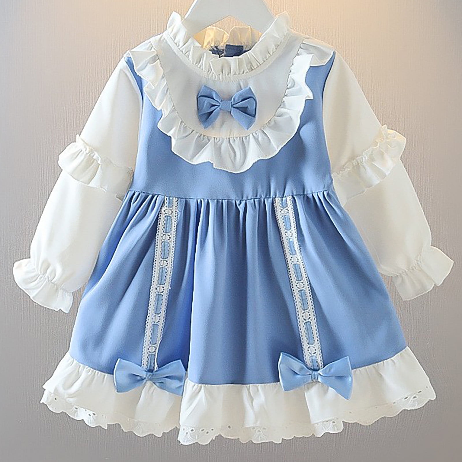Nrmvnmi Baby Girls Lolita Cute Dresses Lace Round Neck Bow Bubble Long ...
