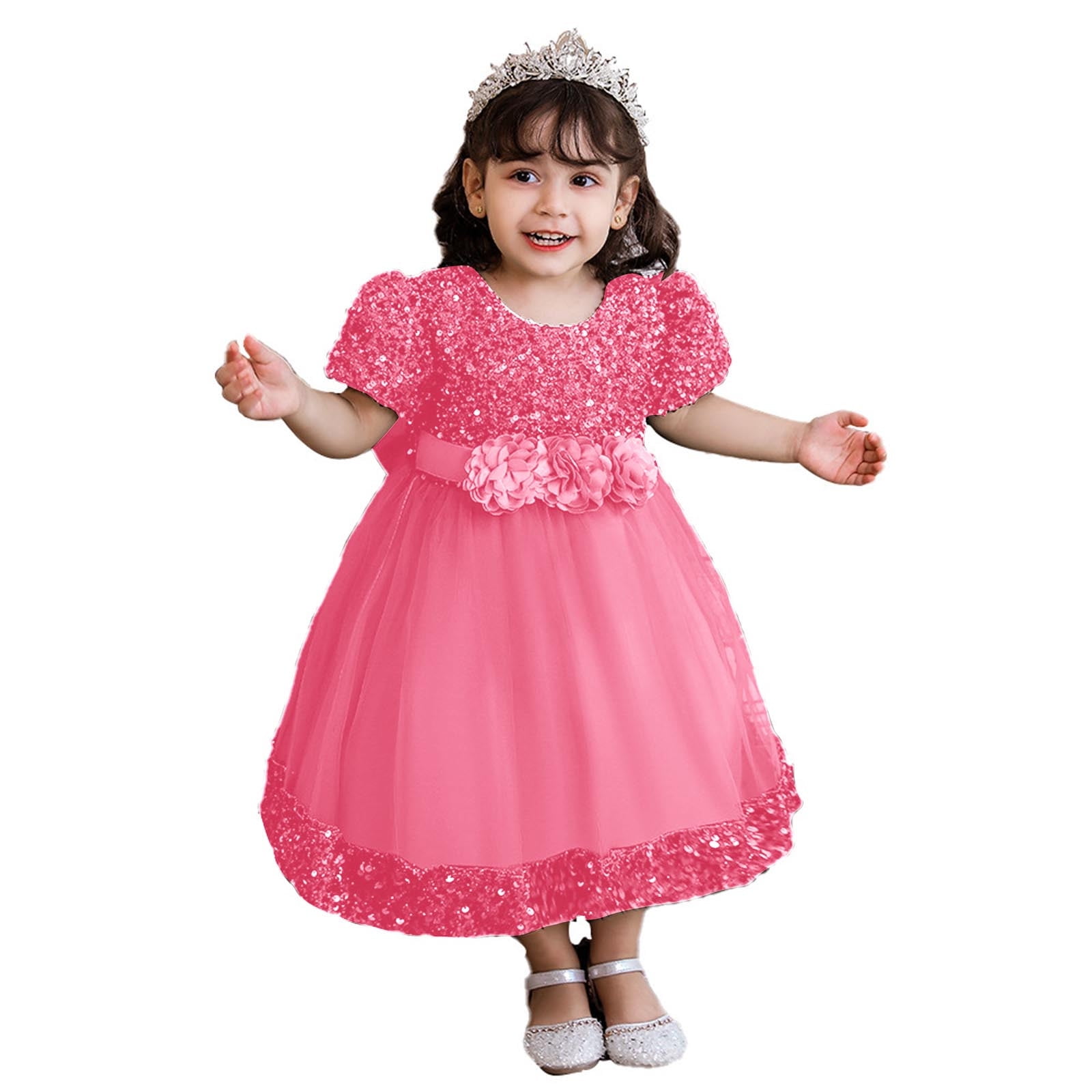 Nrmvnmi Baby Girls Princess Dress Flower Sparkly Crew Neck Short Sleeve ...