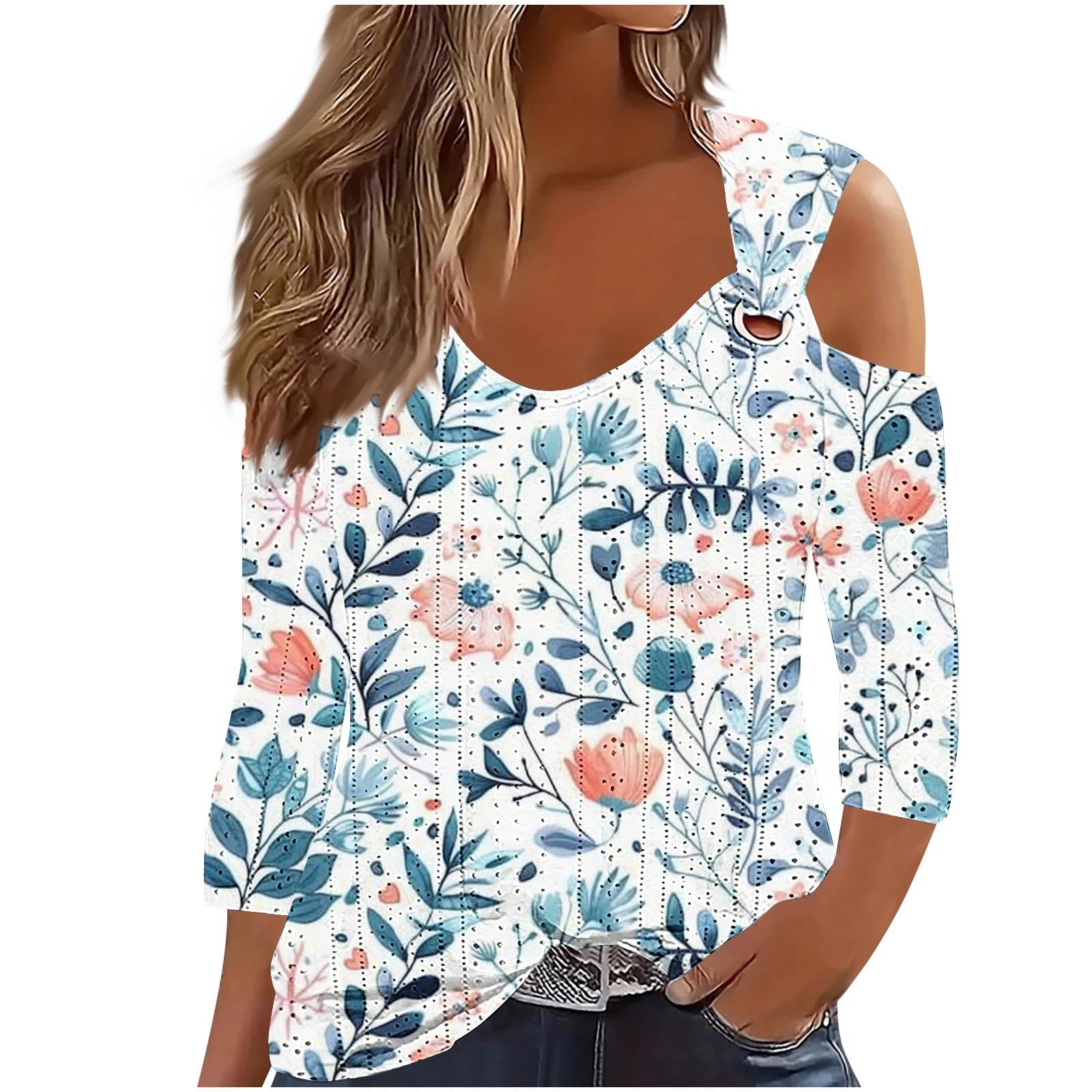 Nrmvnmi Eyelet Cold Shoulder Shirts for Women 2024 Summer Trendy 3/4 ...