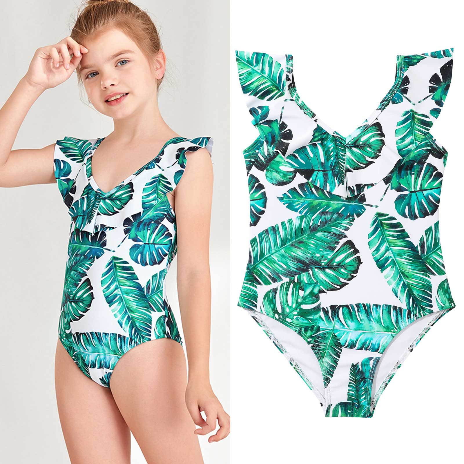 Nrmvnmi Girls Hawaiian Print V Neck Swimsuit One Piece Beach Bathing