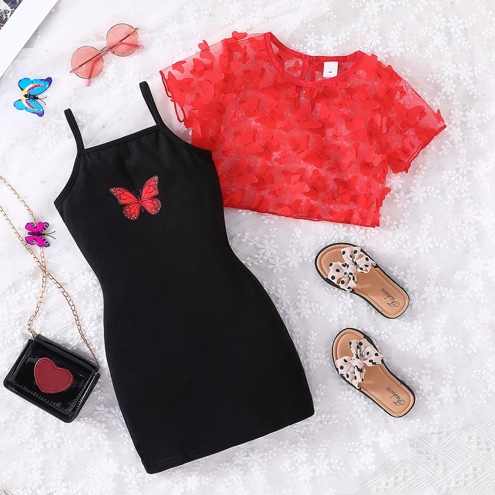 Nrmvnmi Girls' Summer Casual Mesh Jacket Printing Dress Two Piece Set Red-7Y - Walmart.com