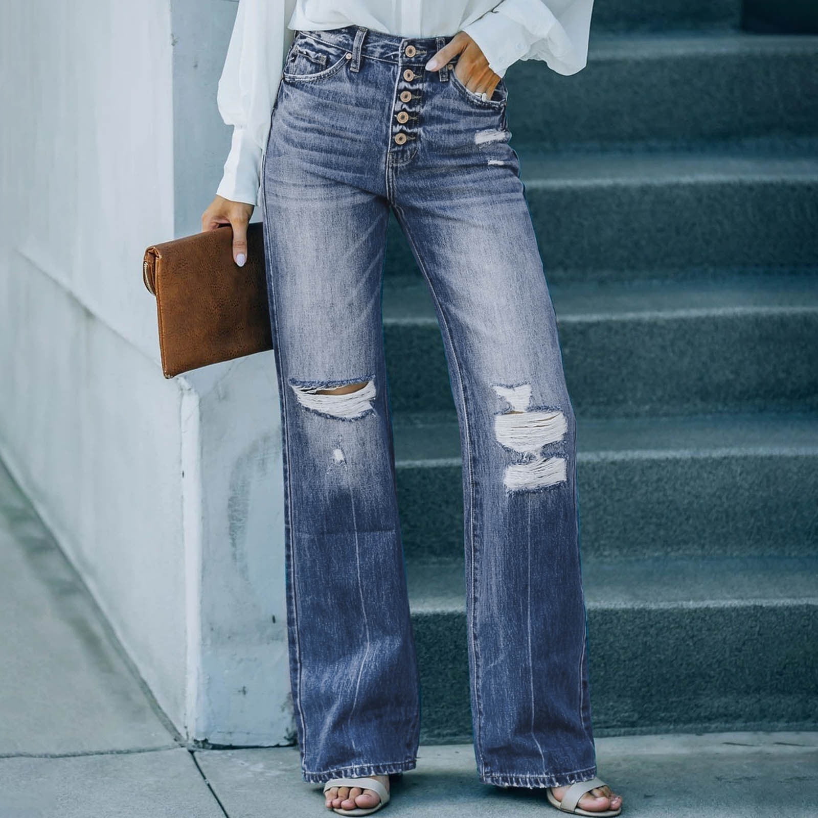 Nrmvnmi High Waisted Ripped Flare Jeans for Women Distressed Bell ...