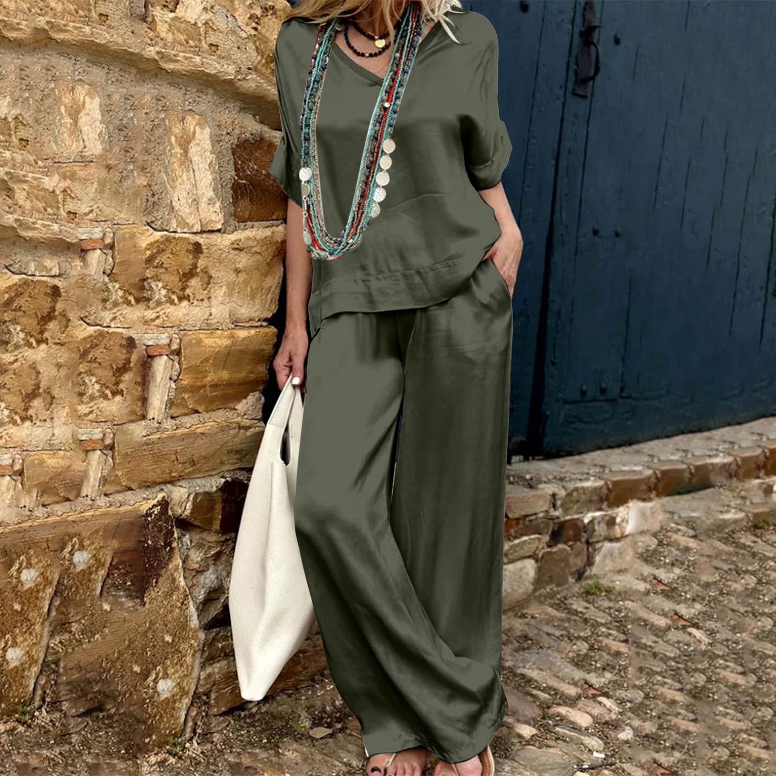 Nrmvnmi Linen Sets for Women 2 Piece Summer Outfits Casual Short Sleeve ...