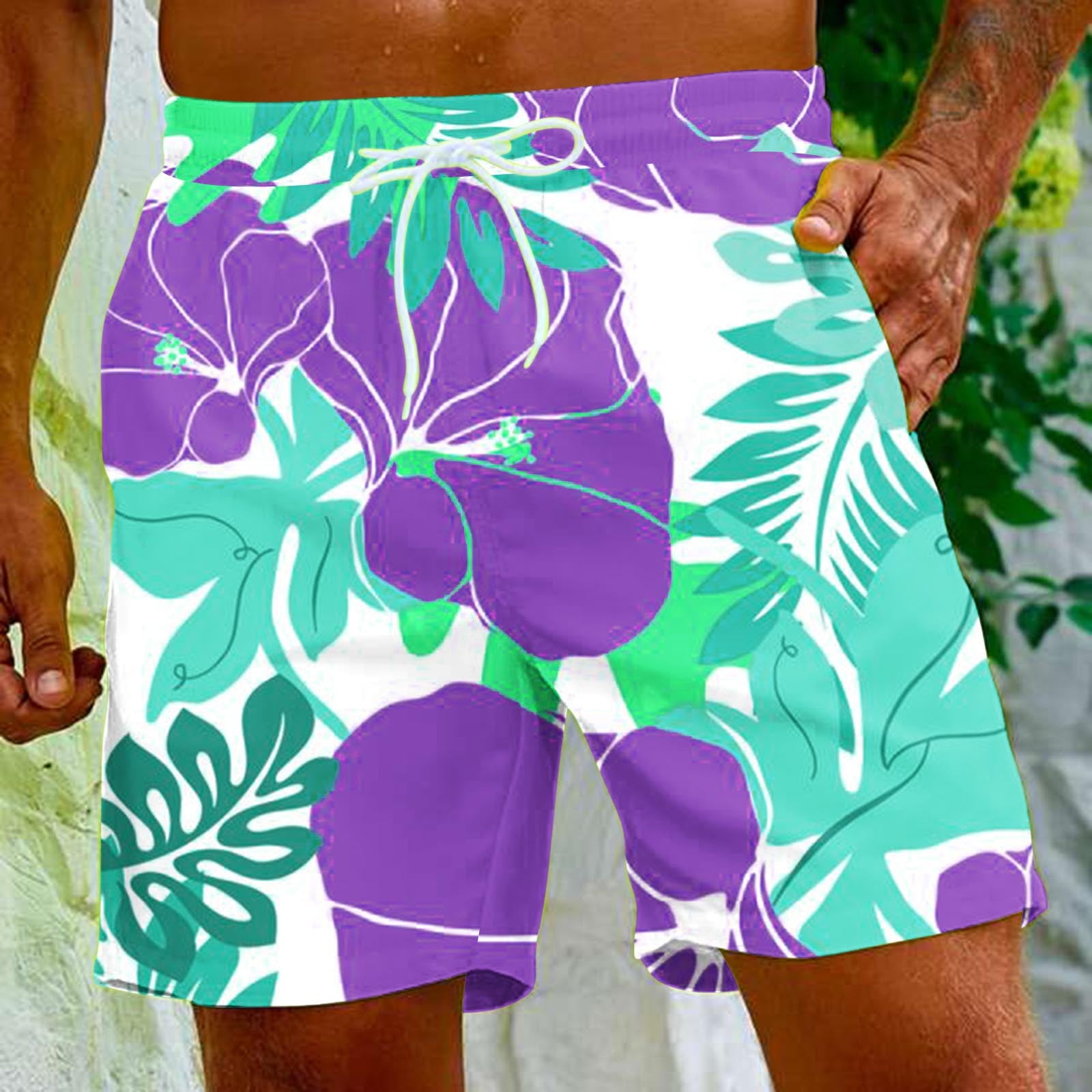 Nrmvnmi Mens Hawaiian Beach Shorts Elastic Waist Drawstring