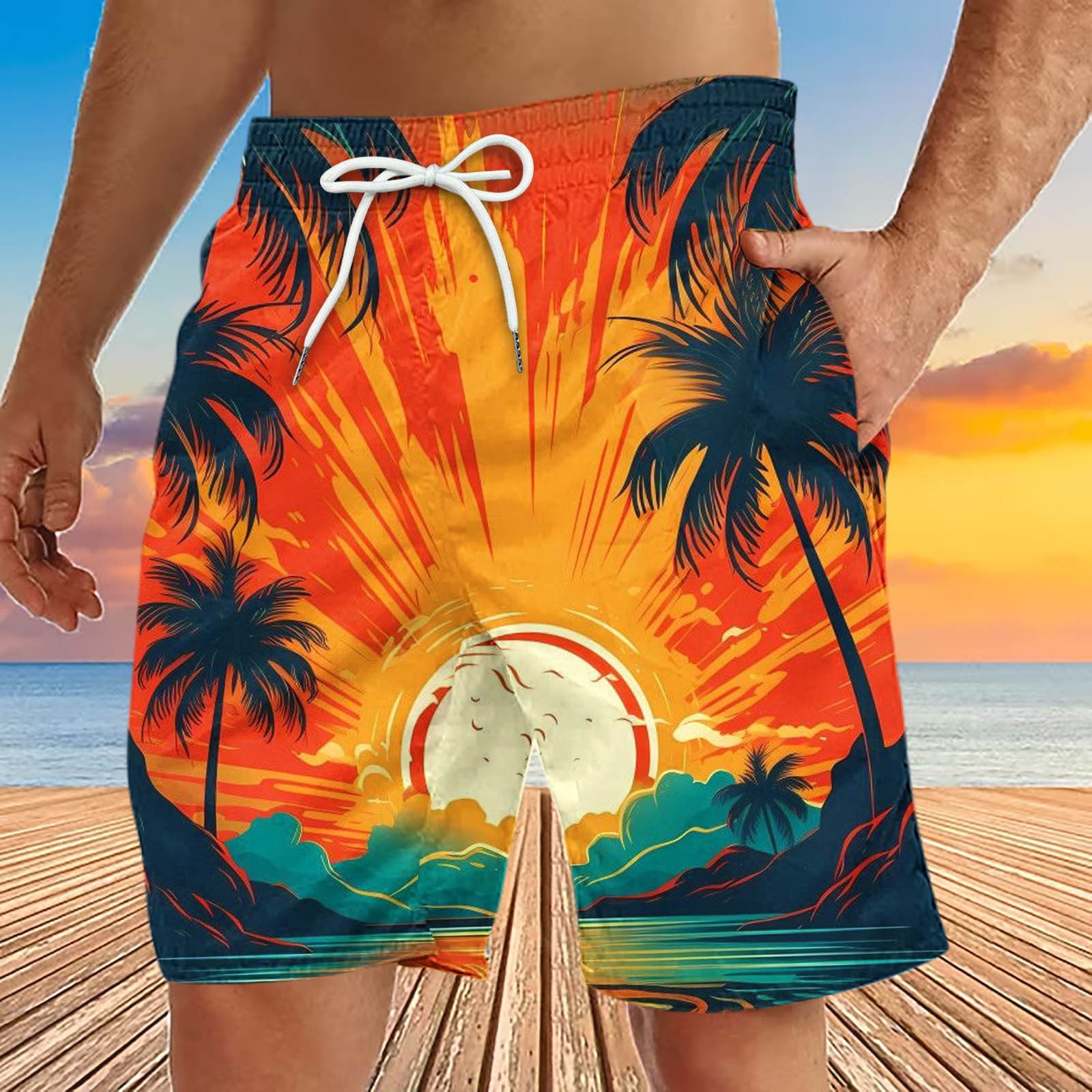 Nrmvnmi Mens Hawaiian Beach Shorts Elastic Waist Drawstring