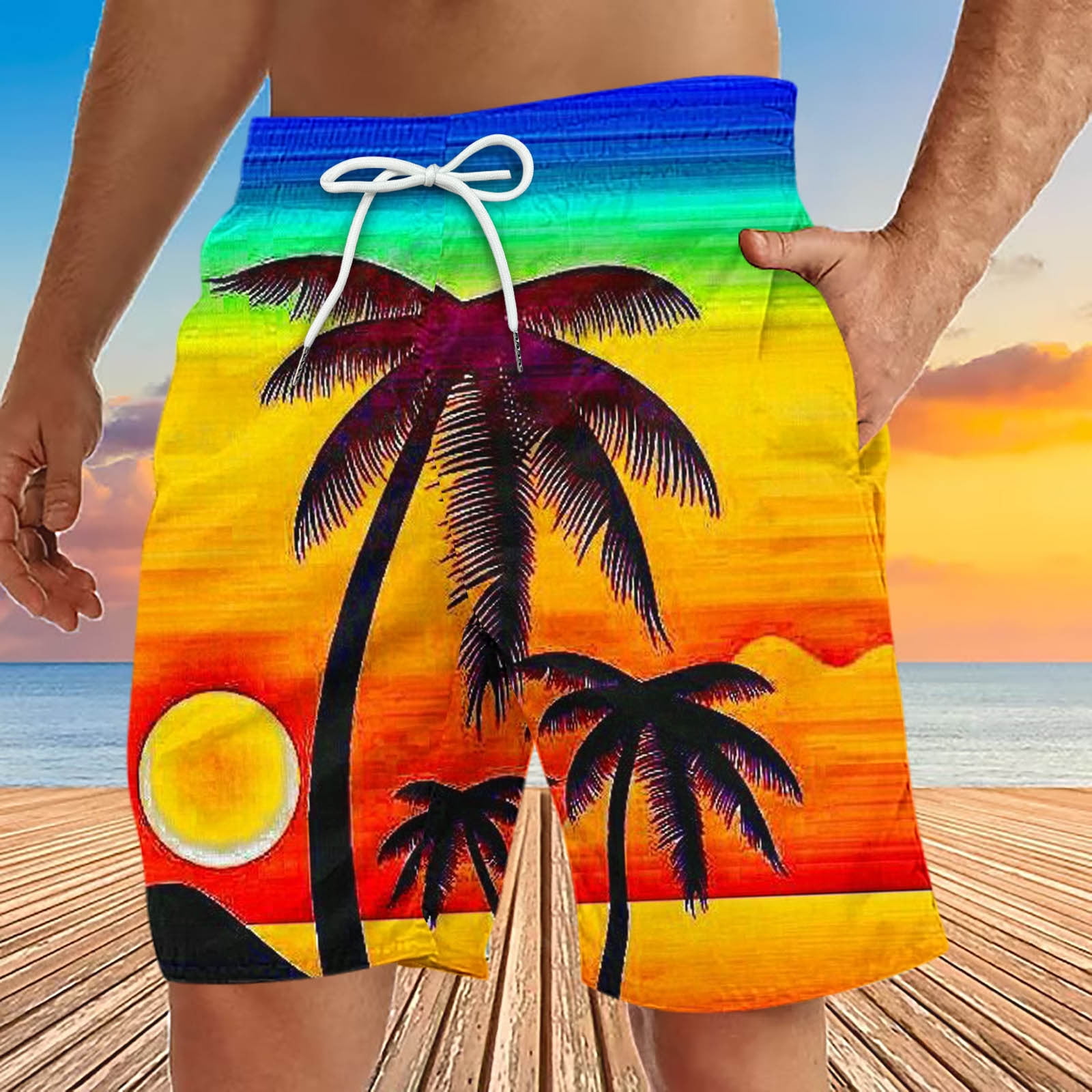 Nrmvnmi Mens Hawaiian Beach Shorts Elastic Waist Drawstring