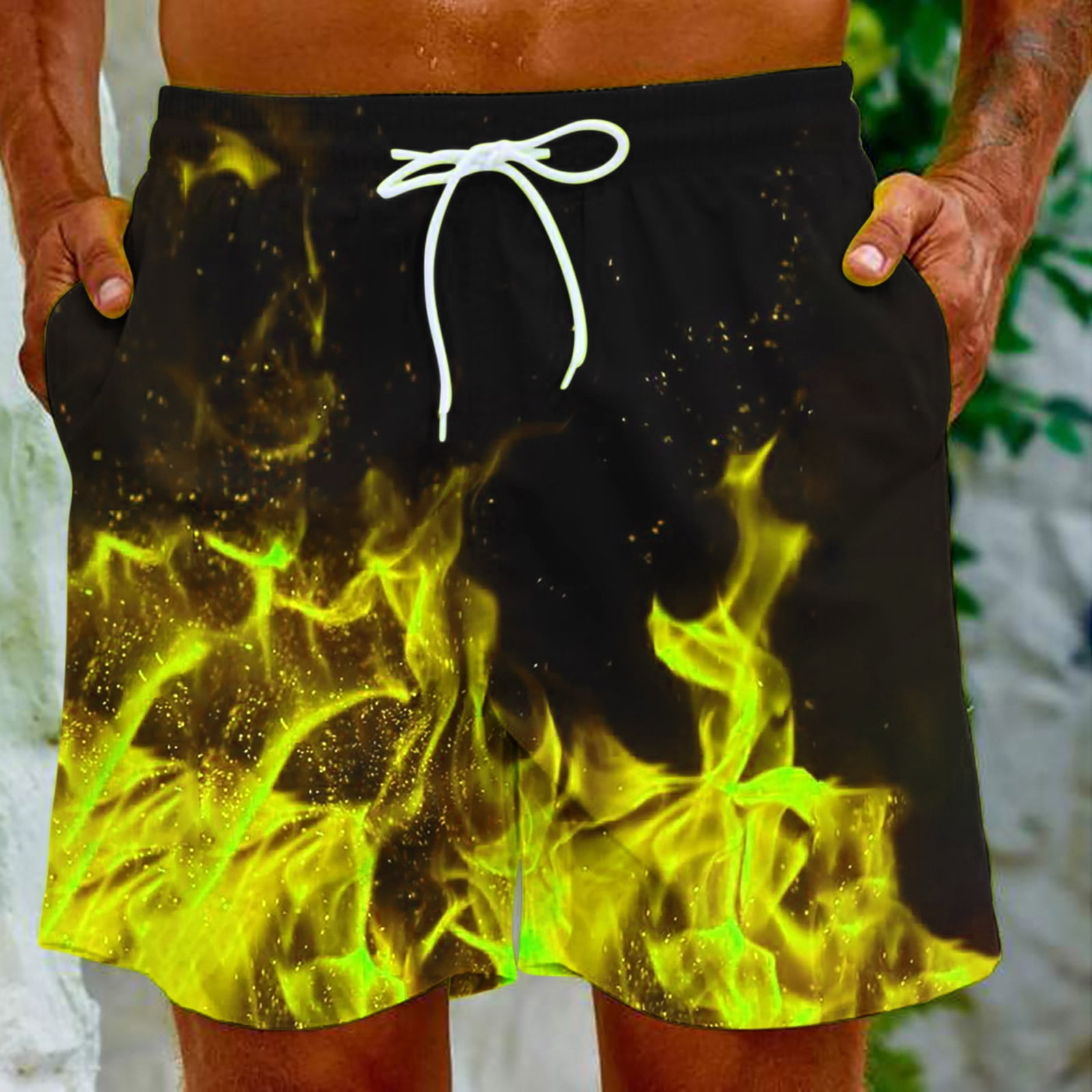 Nrmvnmi Mens Shorts Colorblock Fire Pants Shorts for Man Beach Hawaiian ...