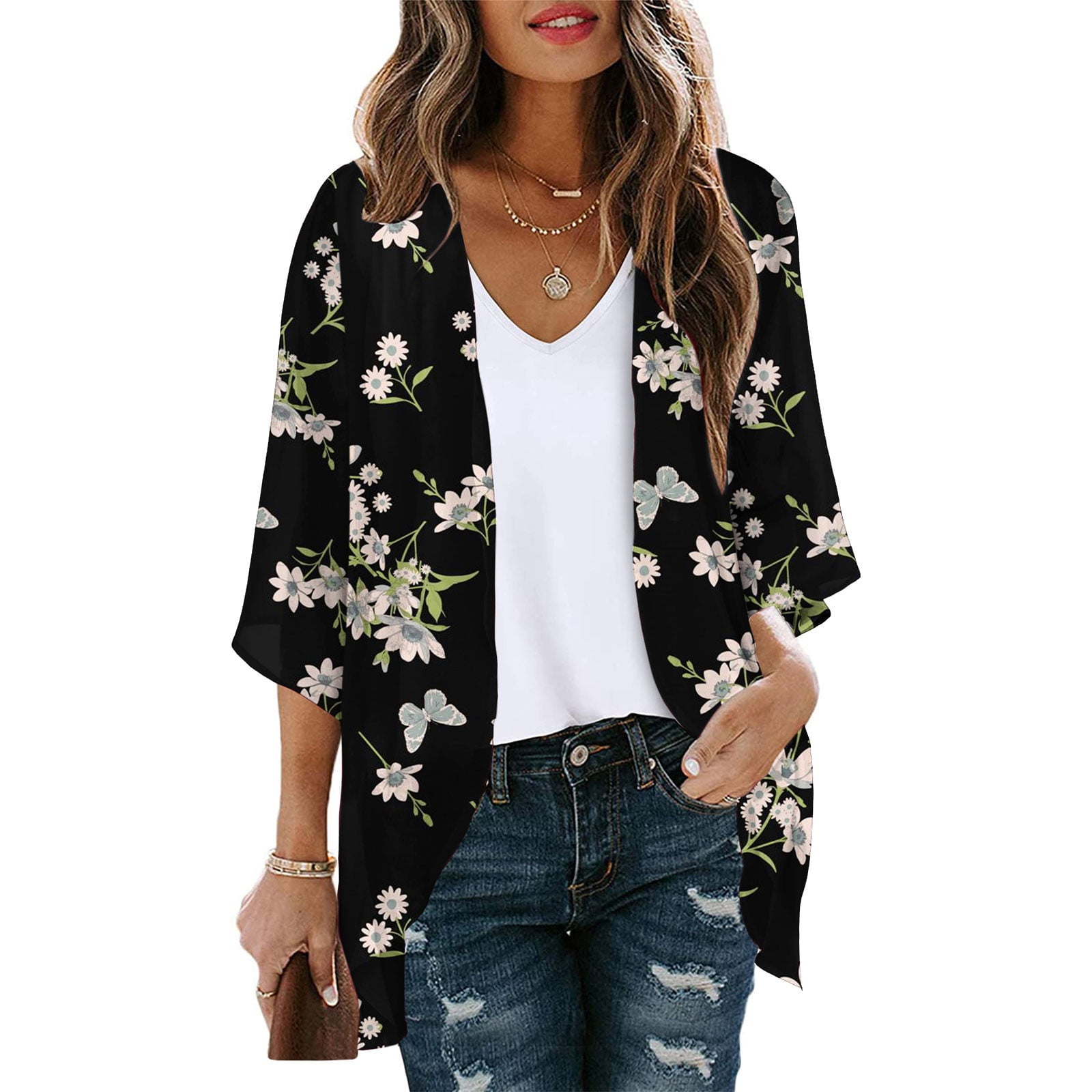 Nrmvnmi Open Front Cardigans for Women 2024 Retro Print 3/4 Sleeve ...